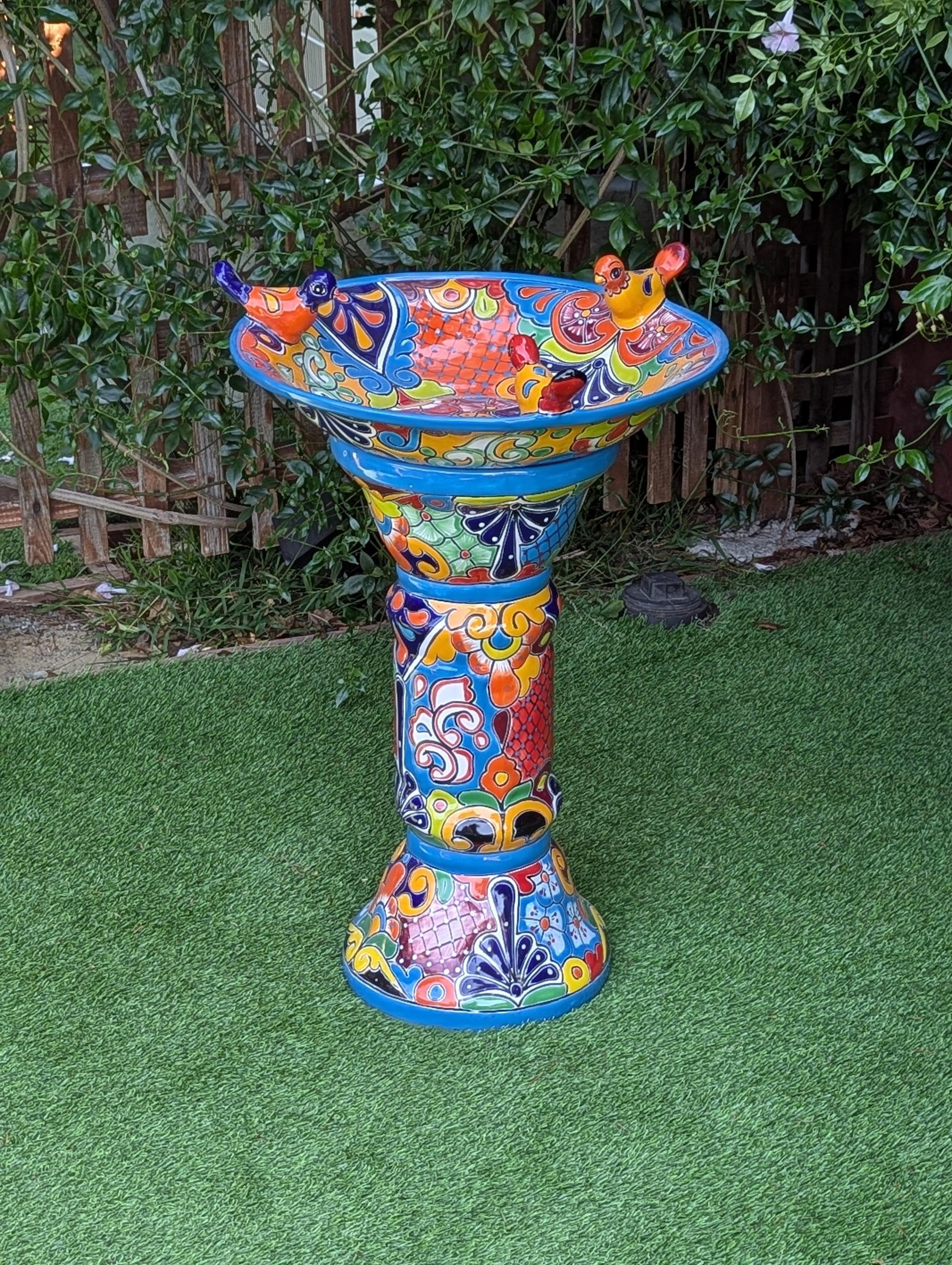 Bird Bath Garden Decor in Talavera Pottery | Handmade Mexican Pedestal ...
